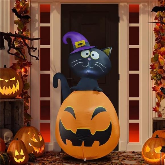 Holiday | Halloween Inflatables Outdoor Cat Sit On Pumpkins 5 Ft Blow ...